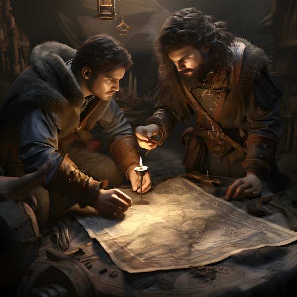2 adventurers looking at a map - Impossible Images - Unique stock ...
