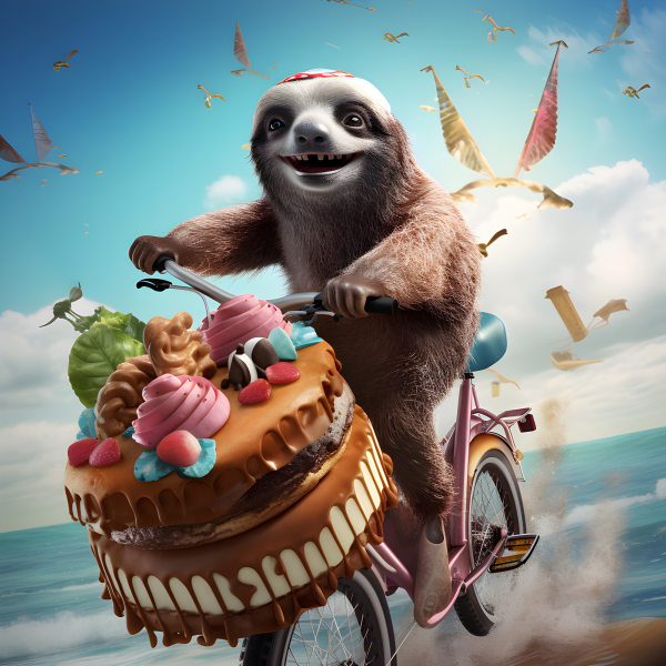 Sloth riding a bike with a cake on the front - Impossible Images ...