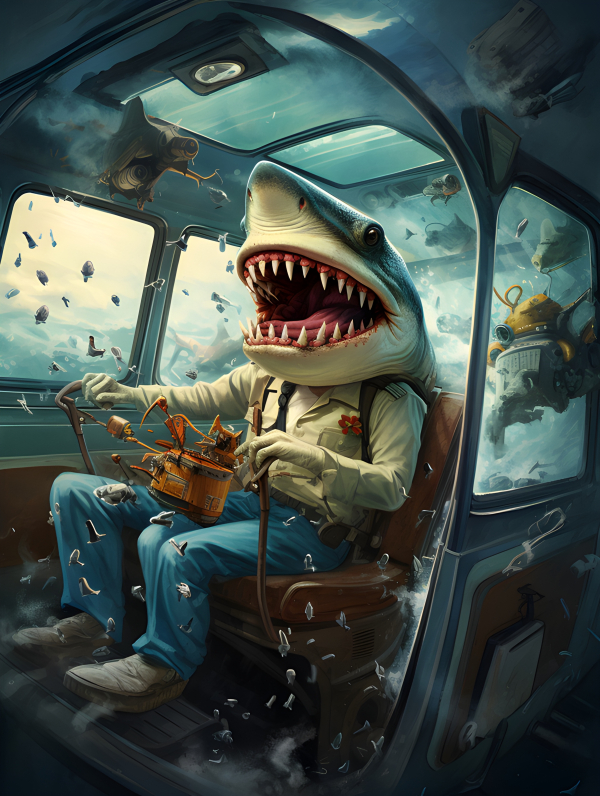 Shark driving a underwater machine - Impossible Images - Unique stock ...