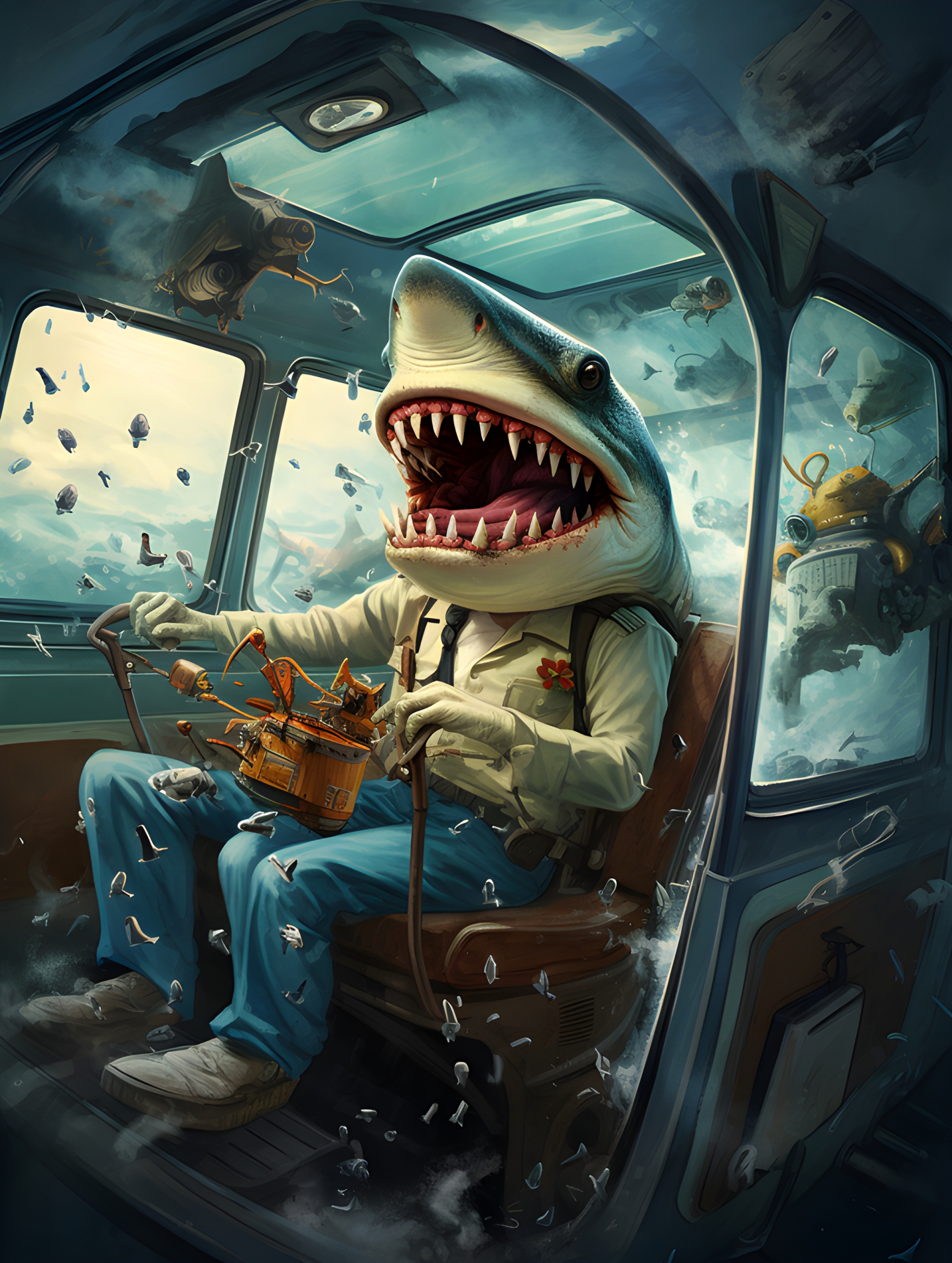 Shark driving a underwater machine - Impossible Images - Unique stock ...