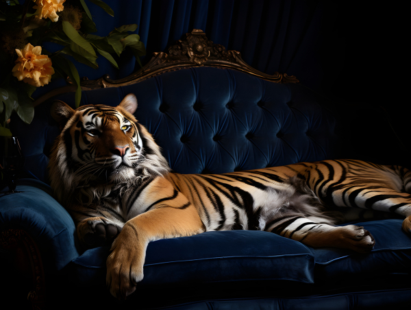 A tiger on a velvet chaise lounge - Impossible Images - Unique stock ...