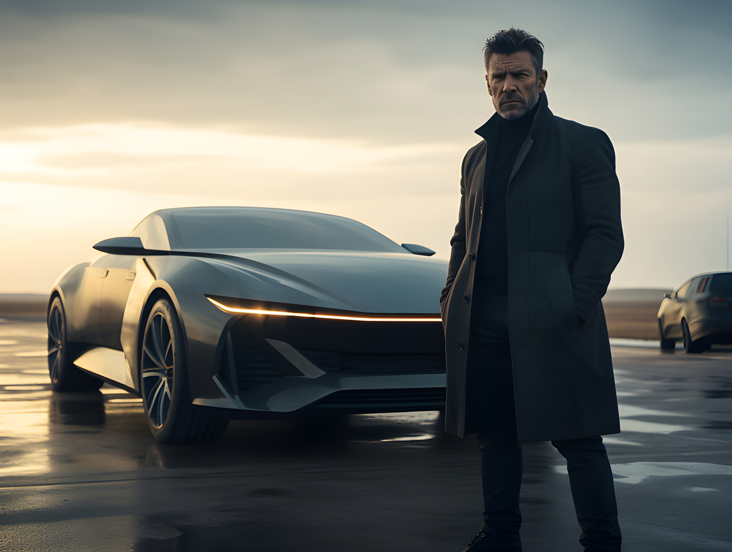 Dangerous looking man stood in front of a futuristic car - Impossible ...