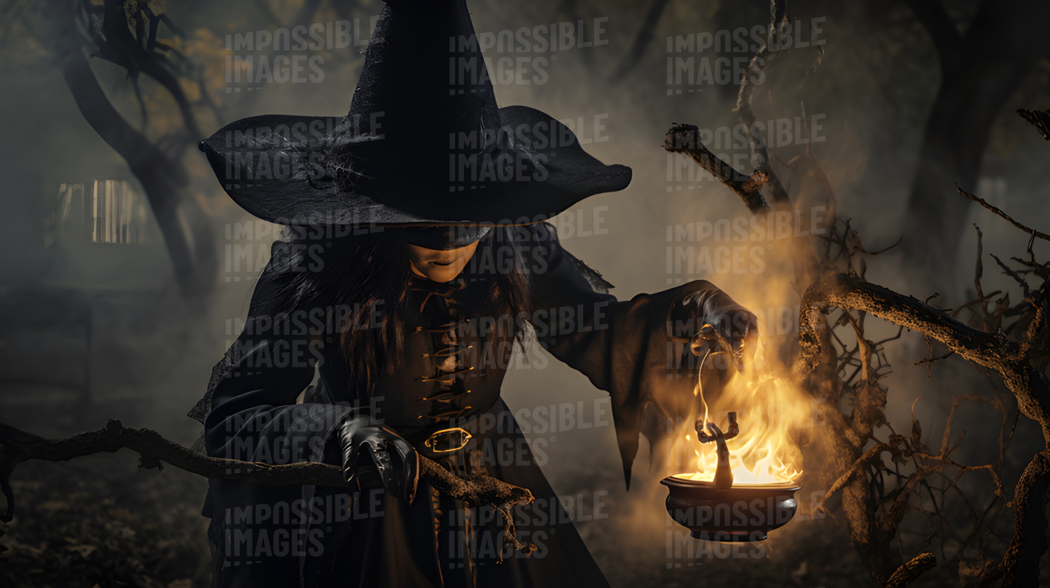 Witch with a crooked hat and a bubbling cauldron on halloween ...