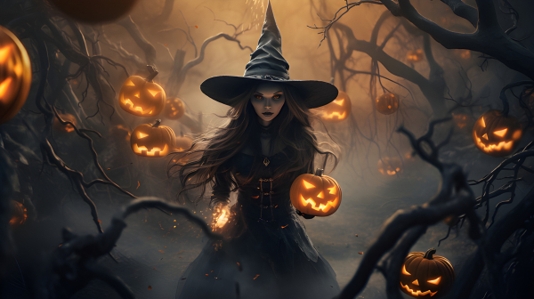 At the heart of a haunted forest a Halloween witch surrounded by ...