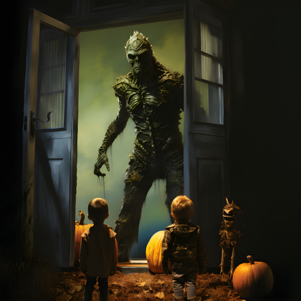 A monster opens his front door to kids doing halloween trick or treat ...