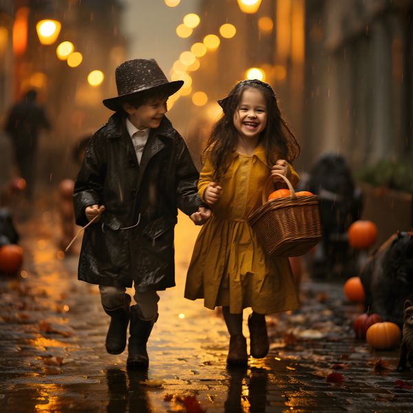 Happy children trick or treat in the rain on Halloween - Impossible ...