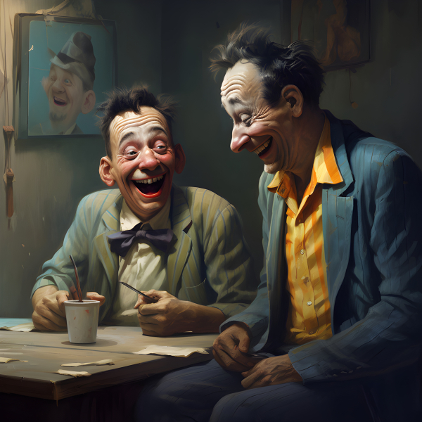 Painting of two comedians writing new jokes - Impossible Images ...