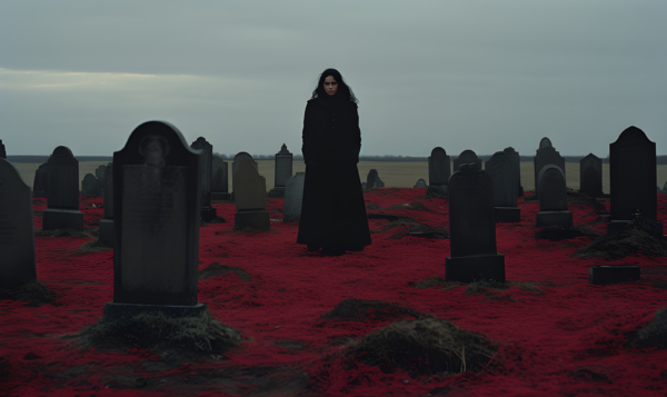 A woman in black standing in a red graveyard - Impossible Images ...