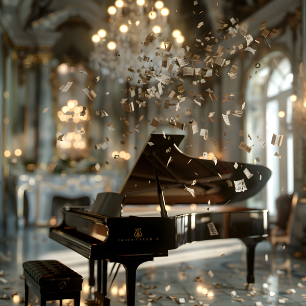 A grand piano in an elegant room, with music notes suspended in the air ...