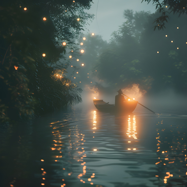 A riverboat gliding through a foggy, mystical river, with glowing orbs ...