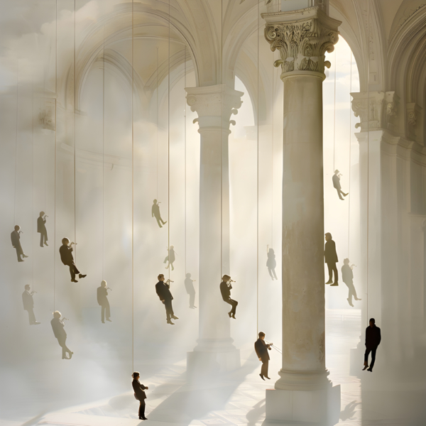 A music performance in a grand hall where the musicians and their ...