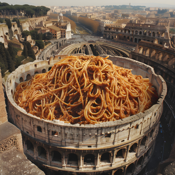 The Colloseum filled with spaghetti bolognese - Impossible Images ...