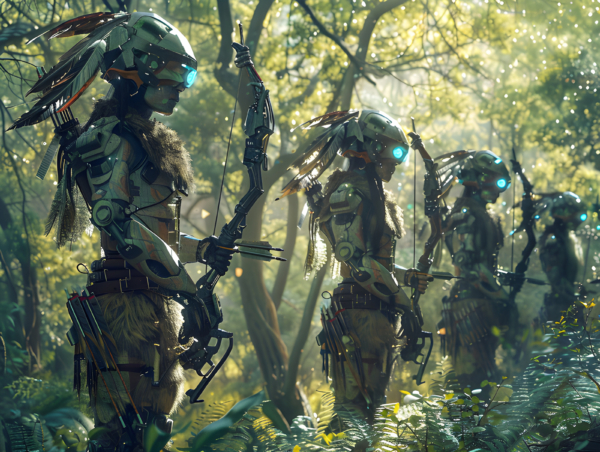 Robotic hunter-gatherers armed with bows and arrows in the forest ...