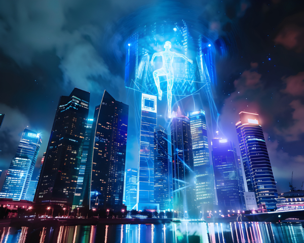 A modern city skyline at night, with a colossal holographic projection ...