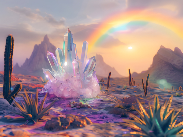 A surreal and disorienting desert oasis at sunset, with a giant crystal ...