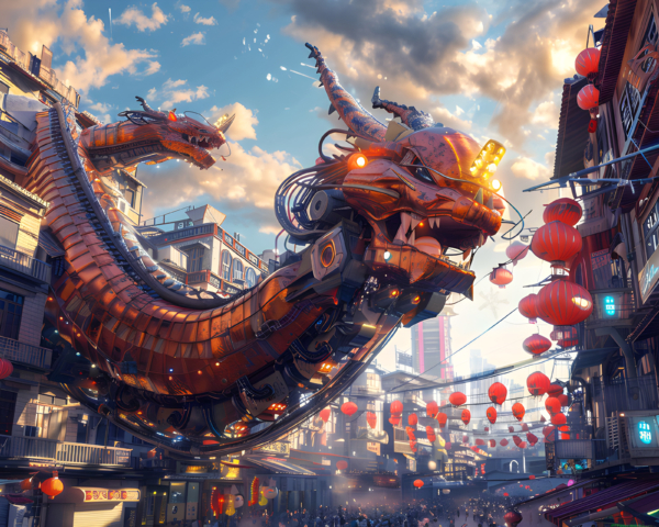 A radiant and cheerful festival in a futuristic city, with a giant ...