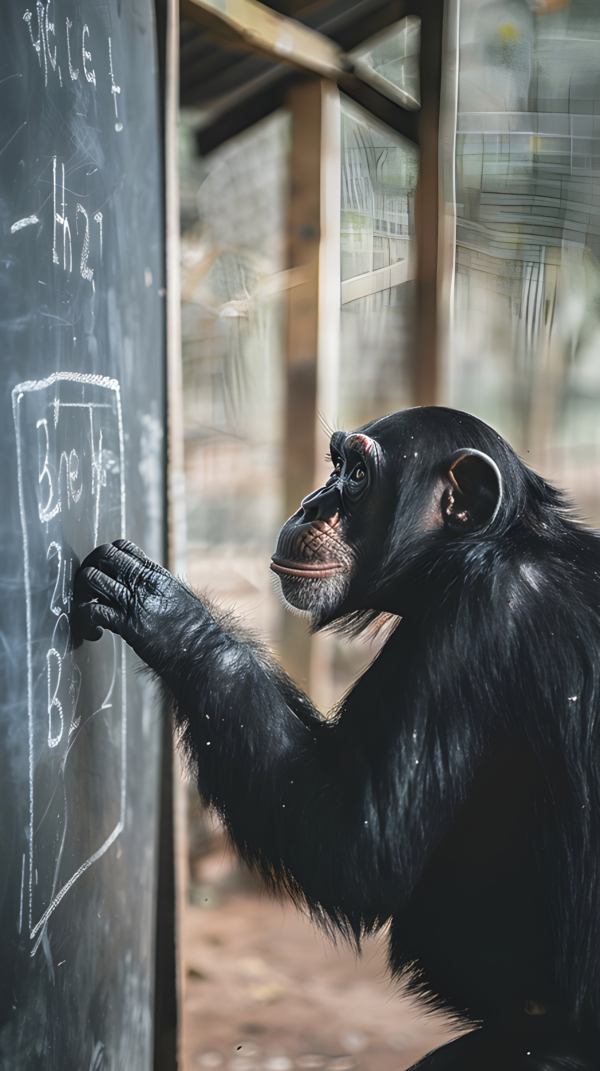 A monkey as a teacher writing on a chalkboard in a classroom ...