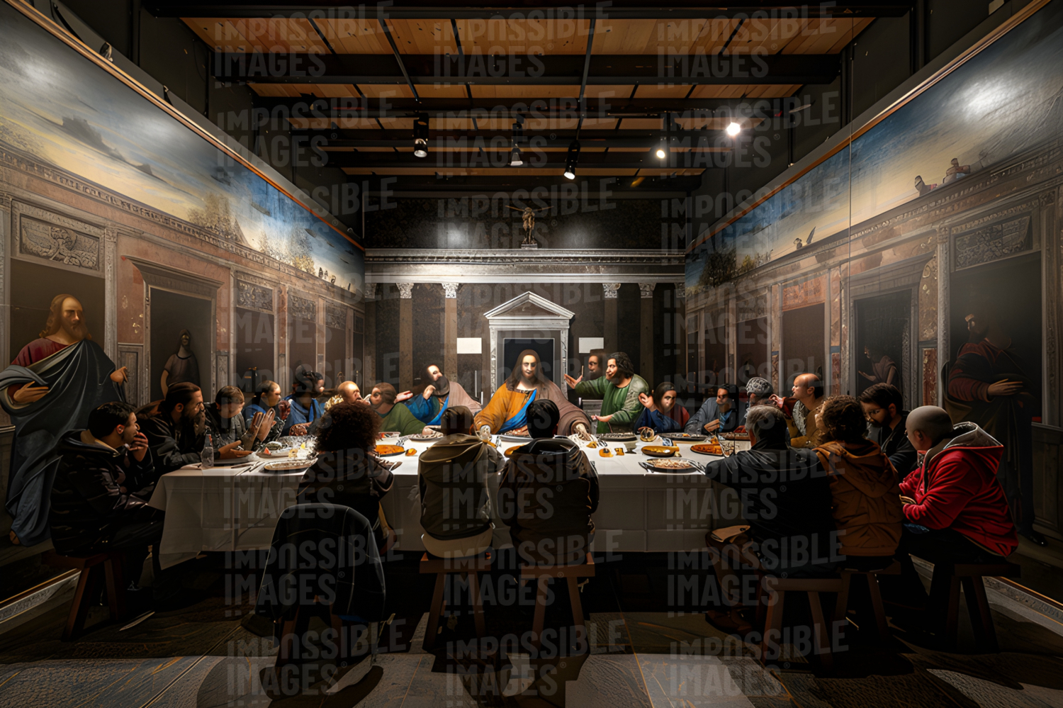 The Last Supper by Leonardo da Vinci with real people sitting at a long ...