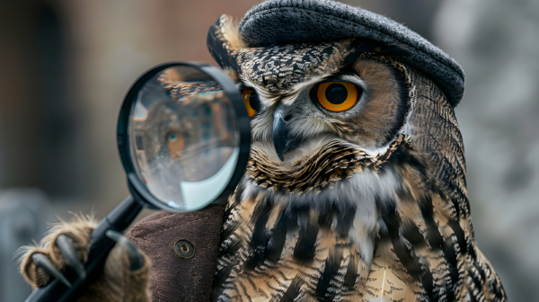 An owl as a detective investigating a mystery with a magnifying glass ...