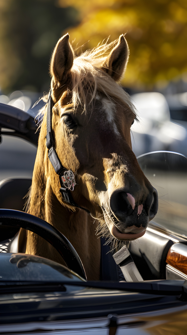 A horse as a race car driver behind the wheel of a race car ...