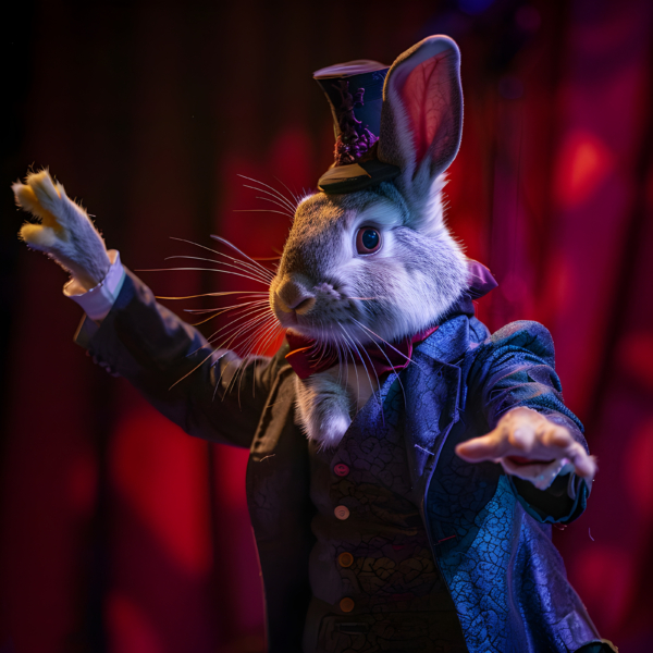 A rabbit as a magician performing tricks on stage - Impossible Images ...