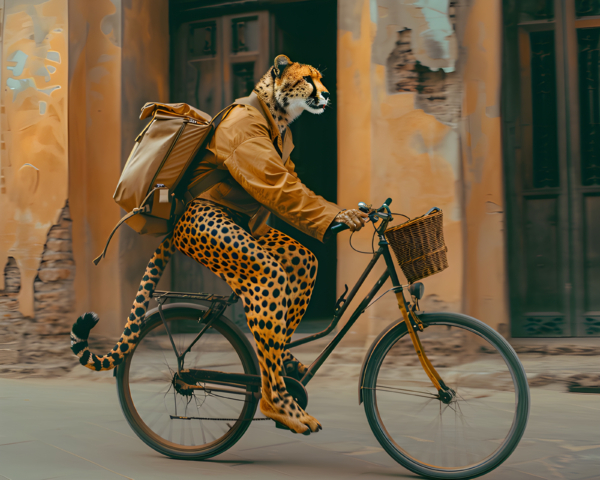 A cheetah as a delivery person riding a bicycle - Impossible Images ...