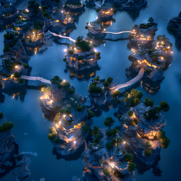 A floating archipelago with islands connected by luminous bridges of ...