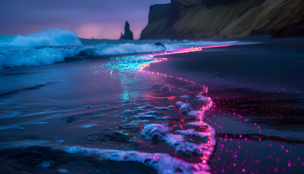 A beach where the sand grains are tiny, glowing LED lights changing ...