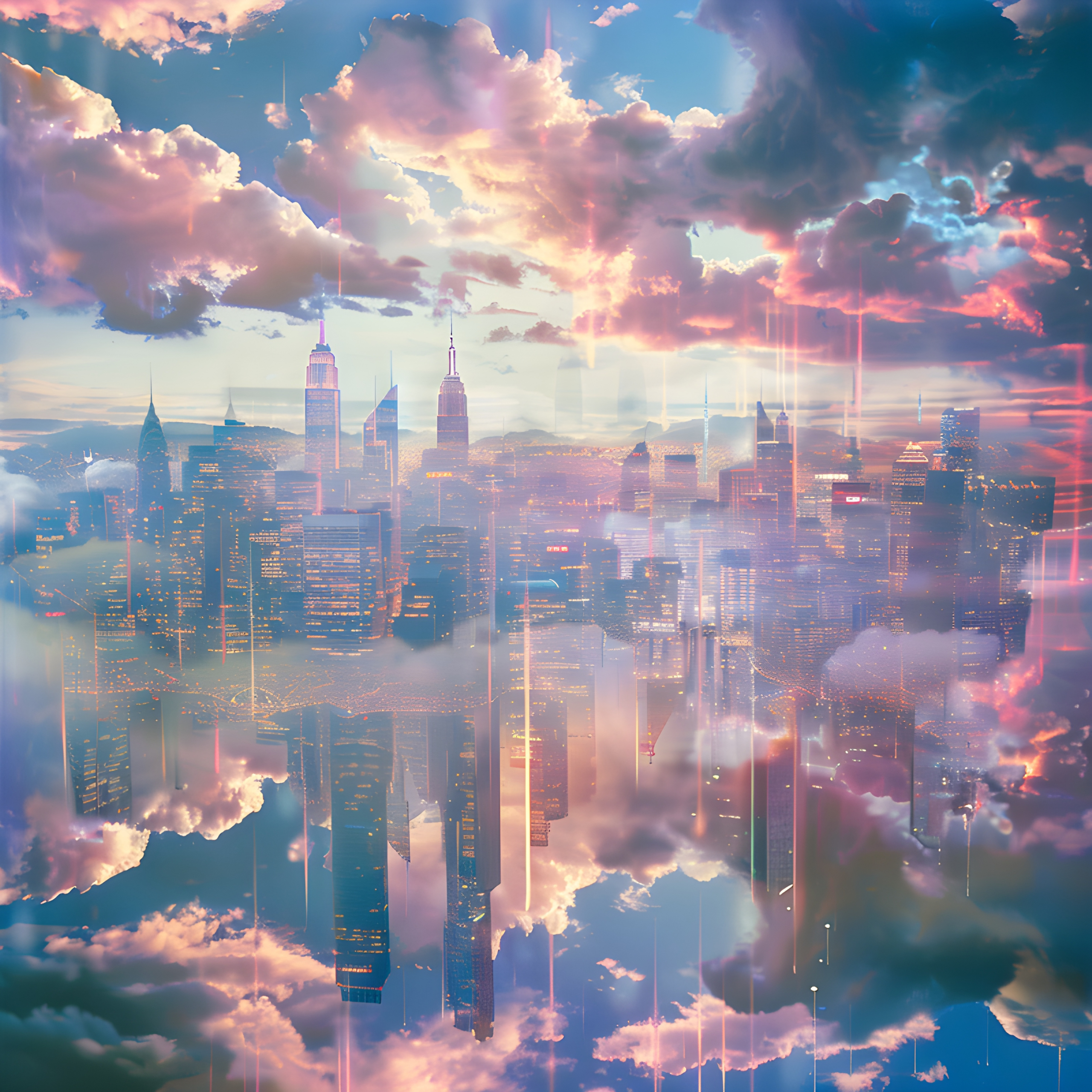 Mirage cities, floating in the sky, composed of iridescent clouds and ...