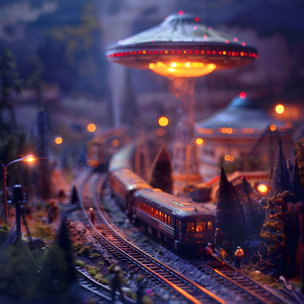 A miniature train set with tiny passengers, but a colossal, glowing ...