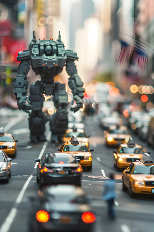 A miniature city with tiny cars, but a colossal, walking robot is ...