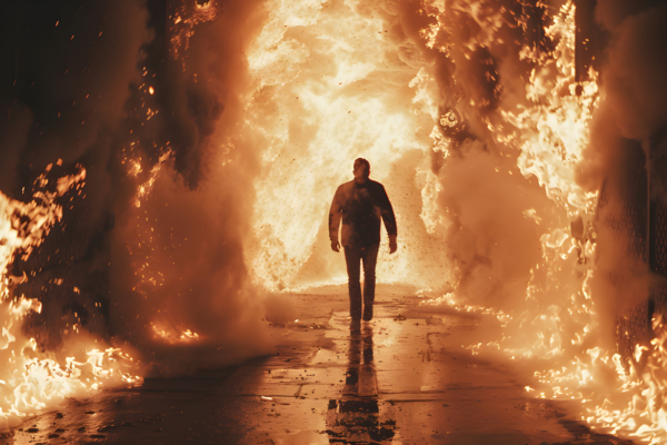 A person casually walking through a wall of fire without being harmed ...