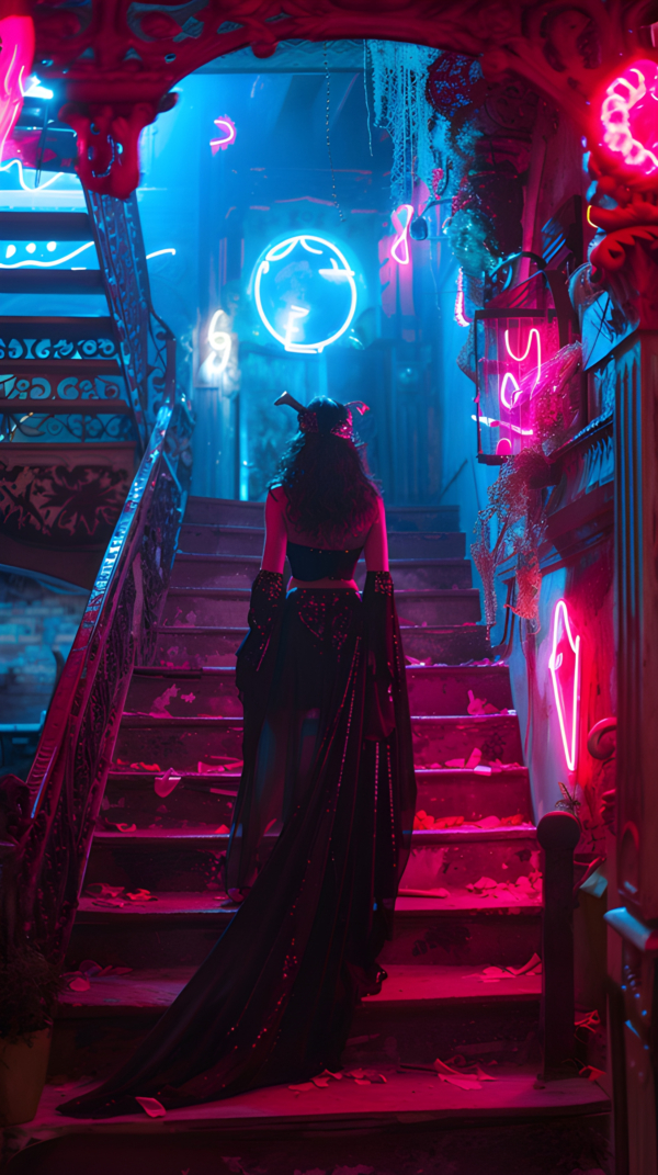 Hades running a trendy underground nightclub, neon lights flickering in ...