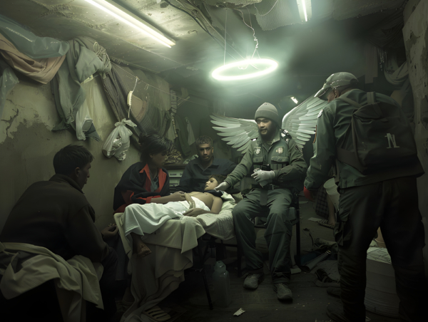 Archangel Raphael administering first aid to disaster victims ...