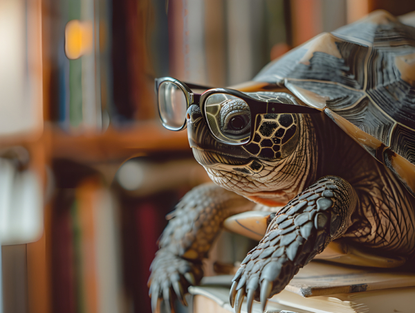 A turtle librarian organizing books in a quiet library - Impossible ...