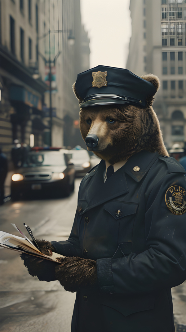 A bear police officer writing a ticket with a calm expression ...