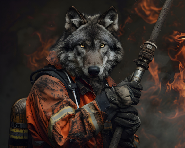 A wolf firefighter holding a hose - Impossible Images - Unique stock ...