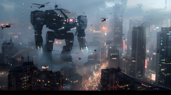 A giant mech towering over a modern city skyline - Impossible Images ...