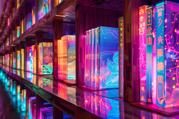 A library with books that have glowing, neon-colored covers, casting ...