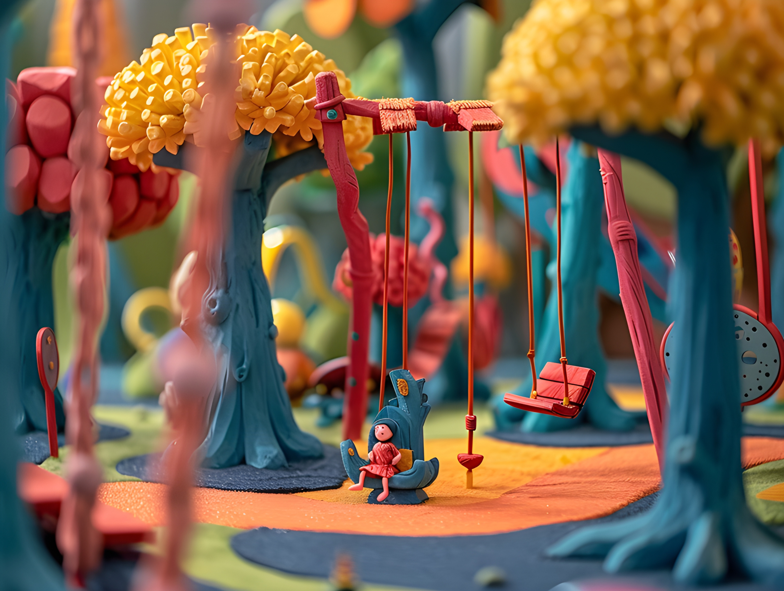 A claymation park where the clay trees have whimsical, puffy foliage ...