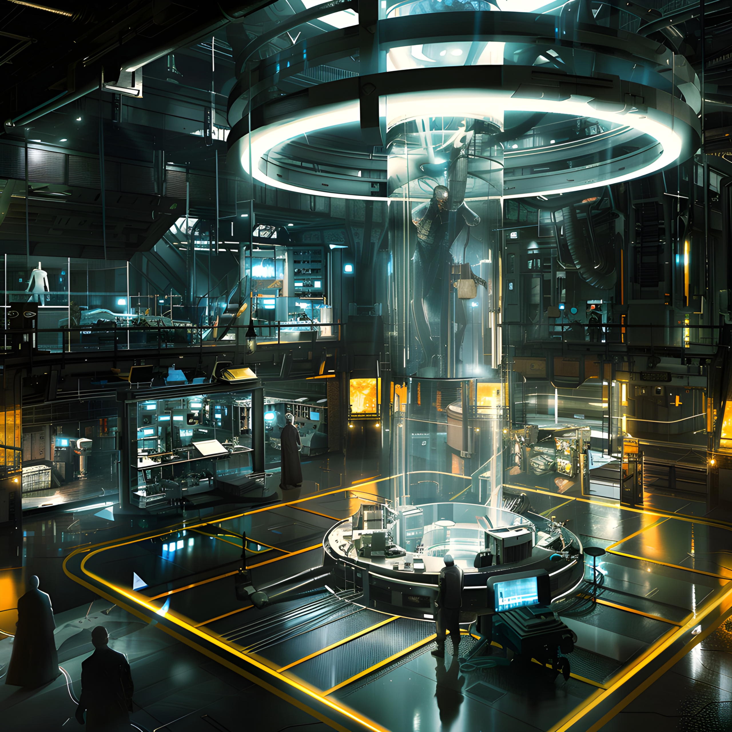 Futuristic laboratory with sleek, metallic surfaces and dramatic, high ...