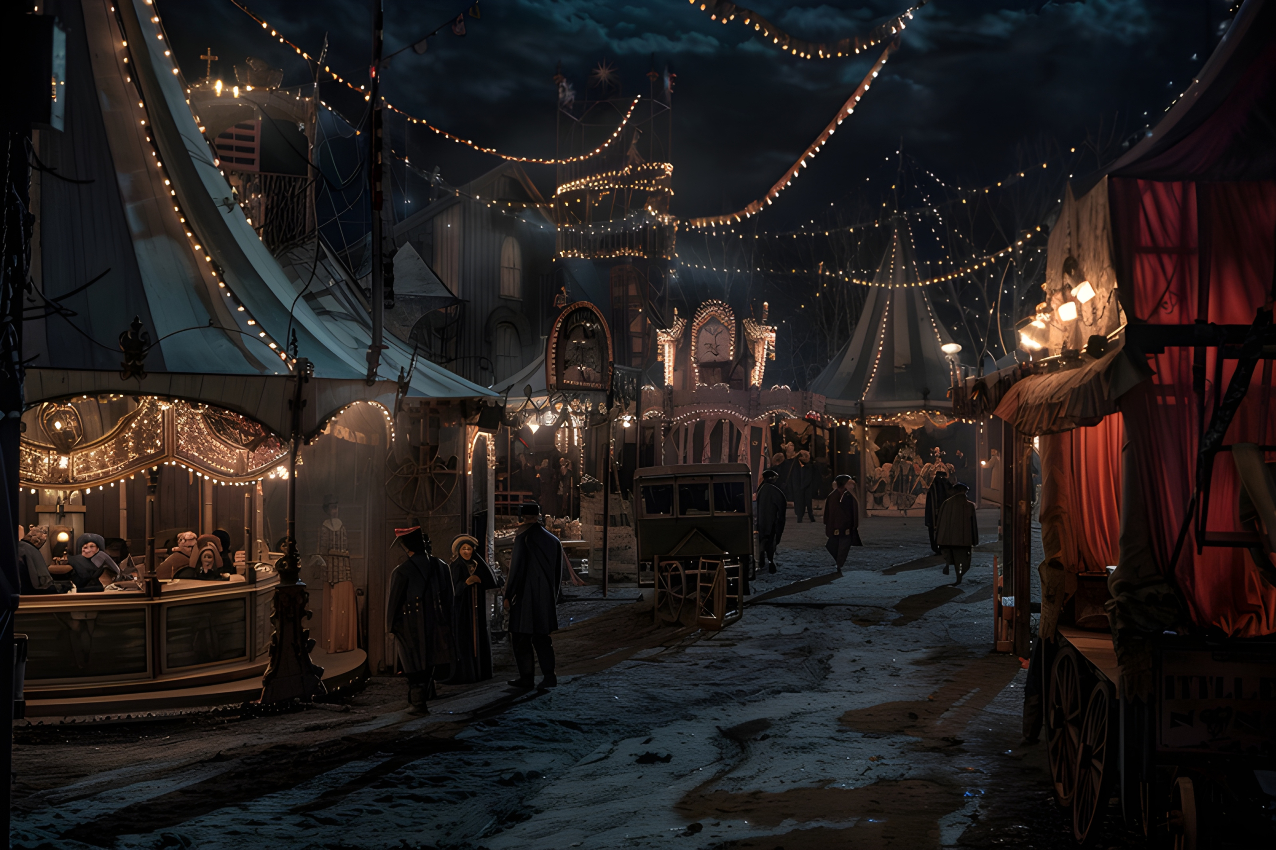 Eerie carnival with a whimsical, yet unsettling atmosphere. The ...
