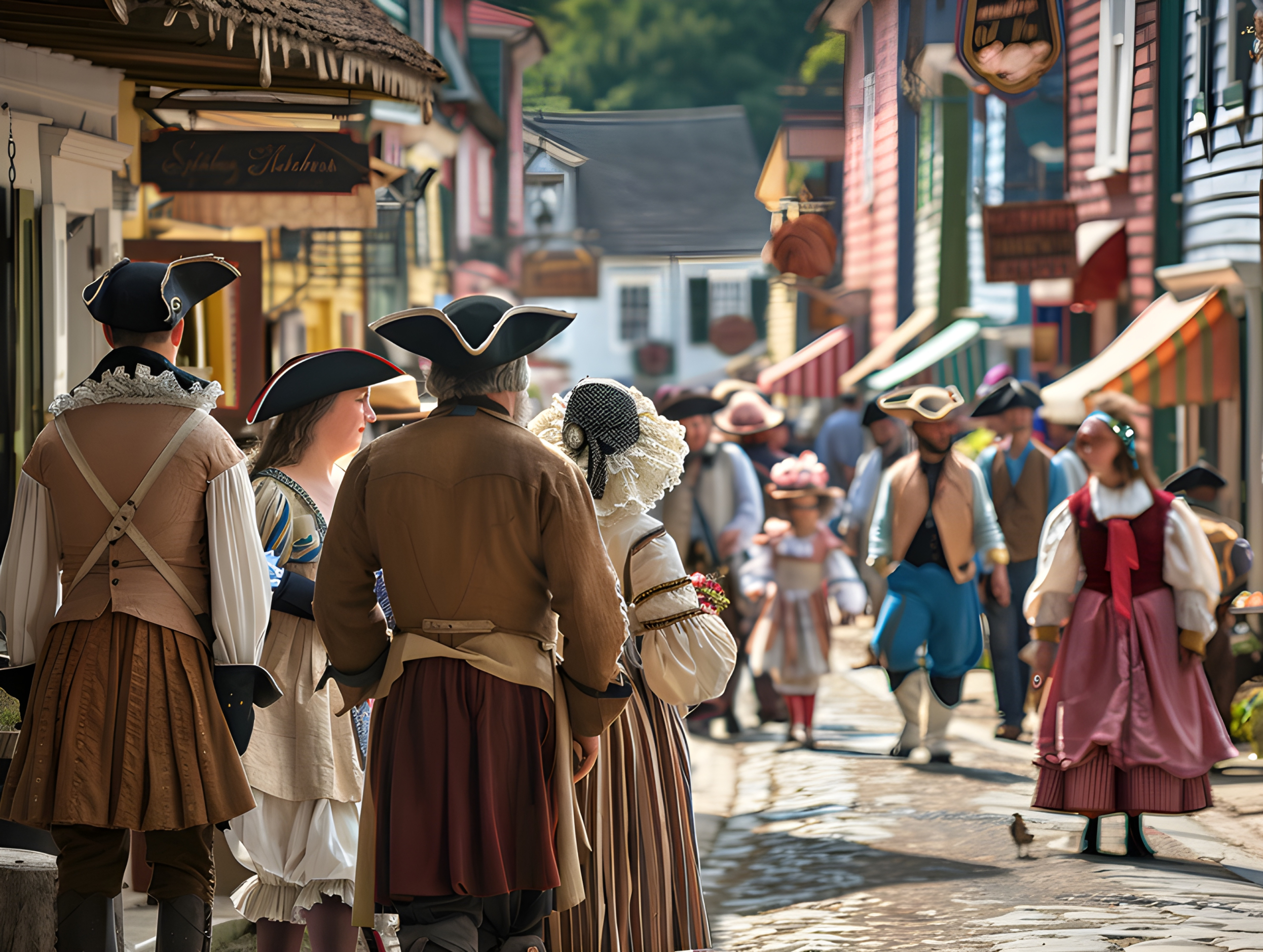 A vibrant street scene in colonial New York, featuring people in 18th ...