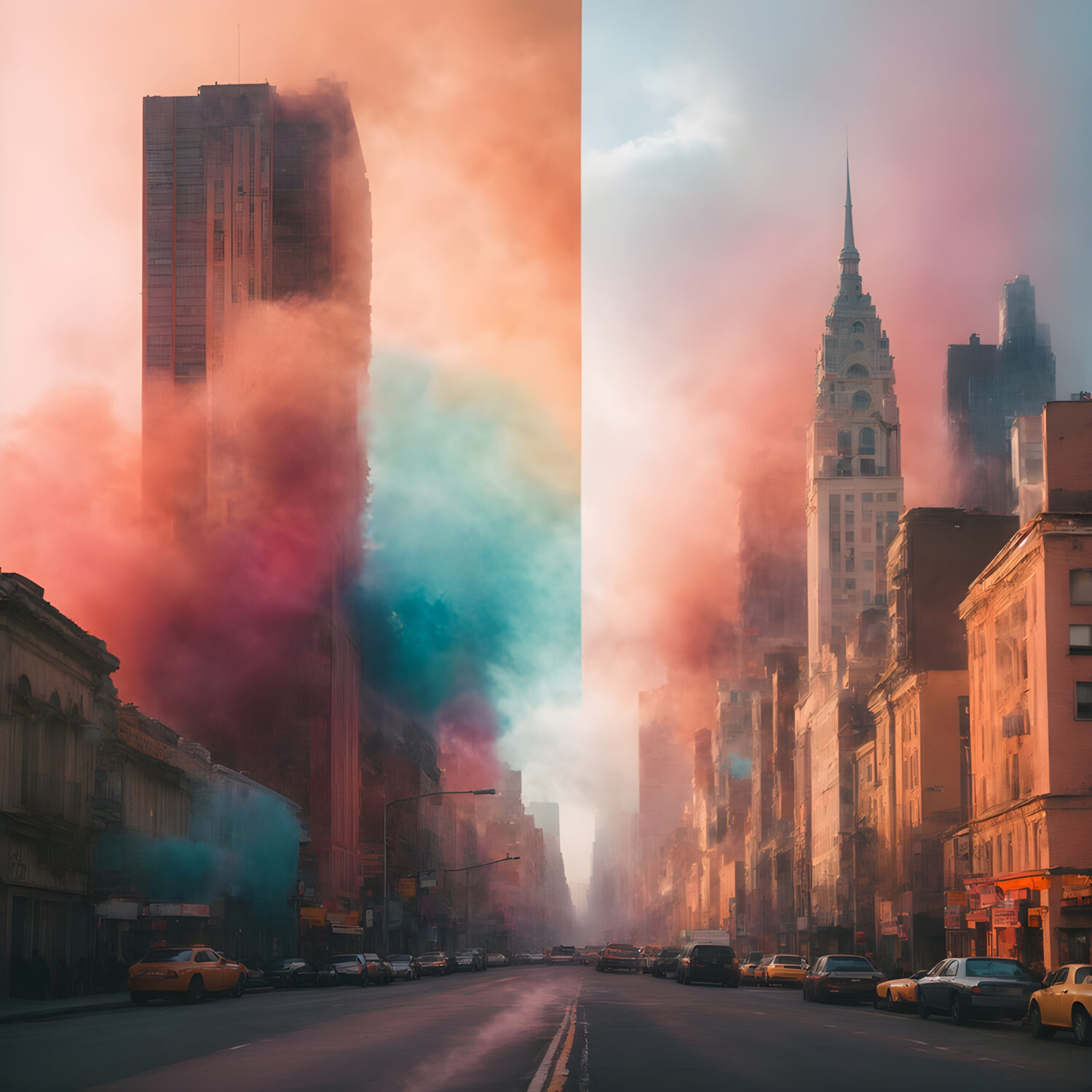 Cityscape depicting vibrant to faded hues, symbolizing urban ...