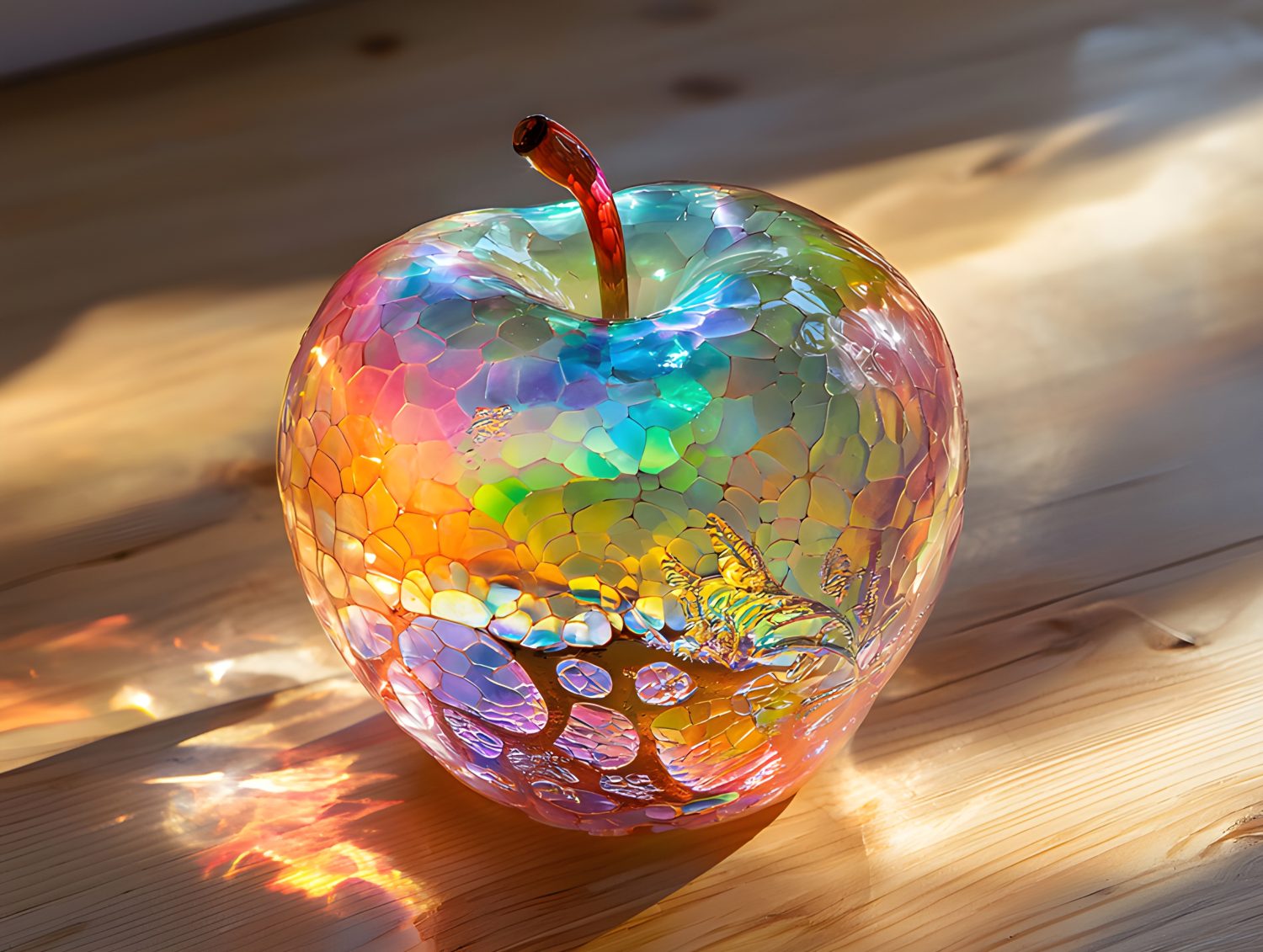 A Glass Apple In A Rainbow Of Colors On A Wooden Surface - Impossible ...