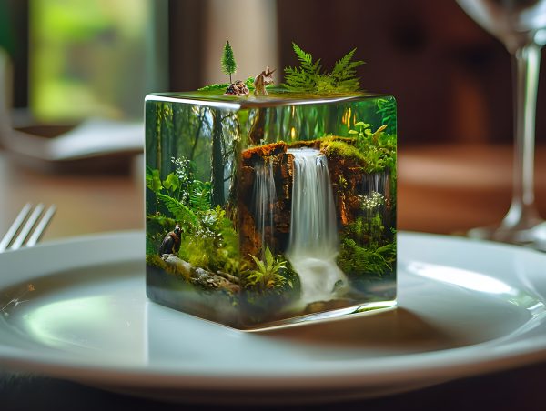 A Miniature Waterfall Encased in Glass on a White Plate - Impossible ...