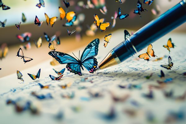 A Blue Butterfly Lands on a Pen Above a Page Filled with Colorful ...