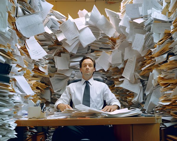 Drowning in Paperwork: A Man's Struggle With Endless Documentation ...