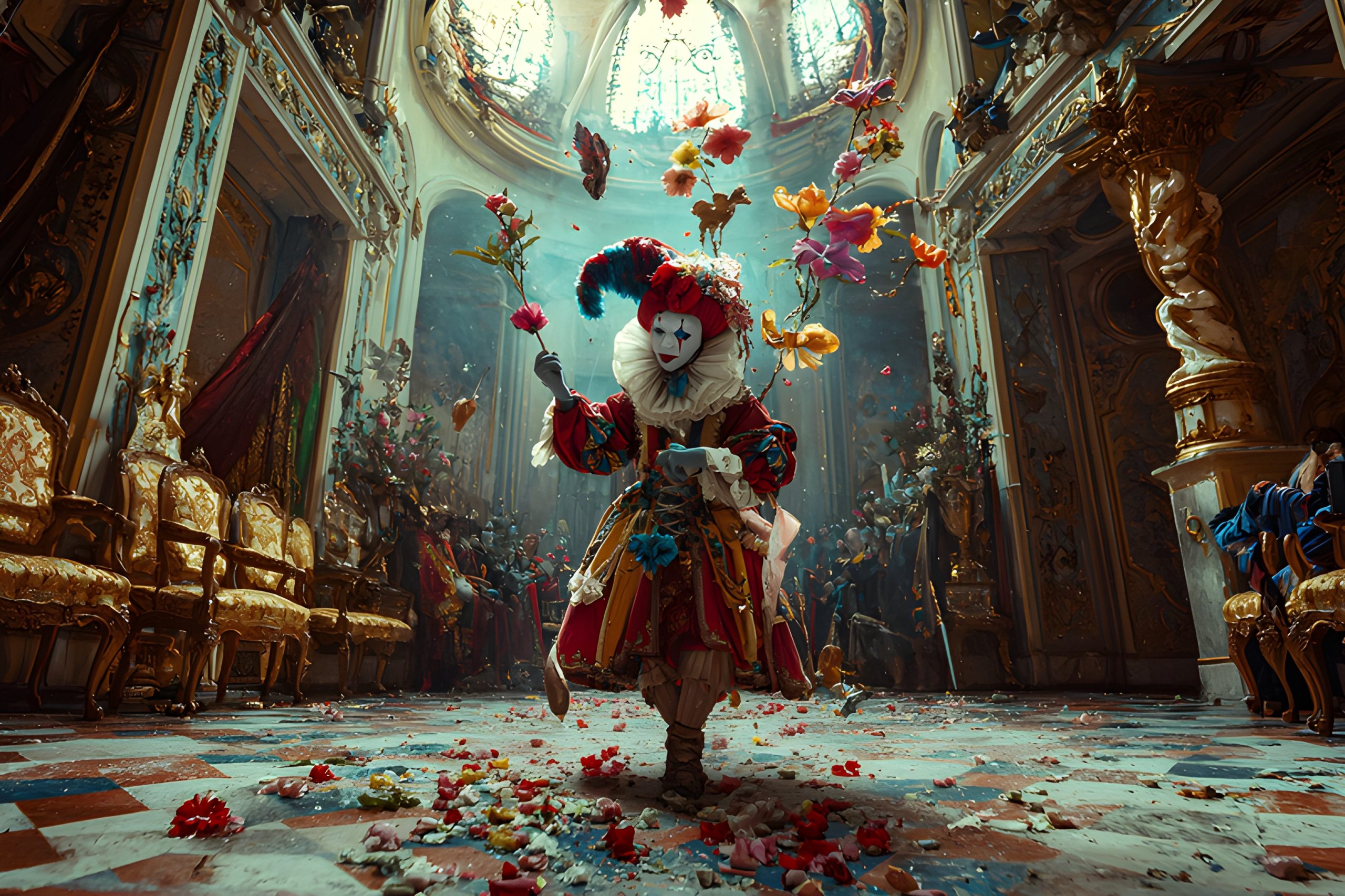 A Jester's Dance Amidst Baroque Splendor and Falling Petals ...