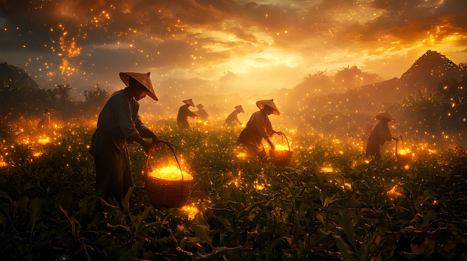Farmers Gathering Fireflies in a Golden Field at Sunset - Impossible ...